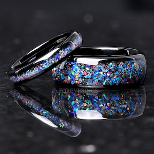 Glow Meteorite Galaxy Opal Ring, Glow in the Dark, 4mm Black Tungsten ...