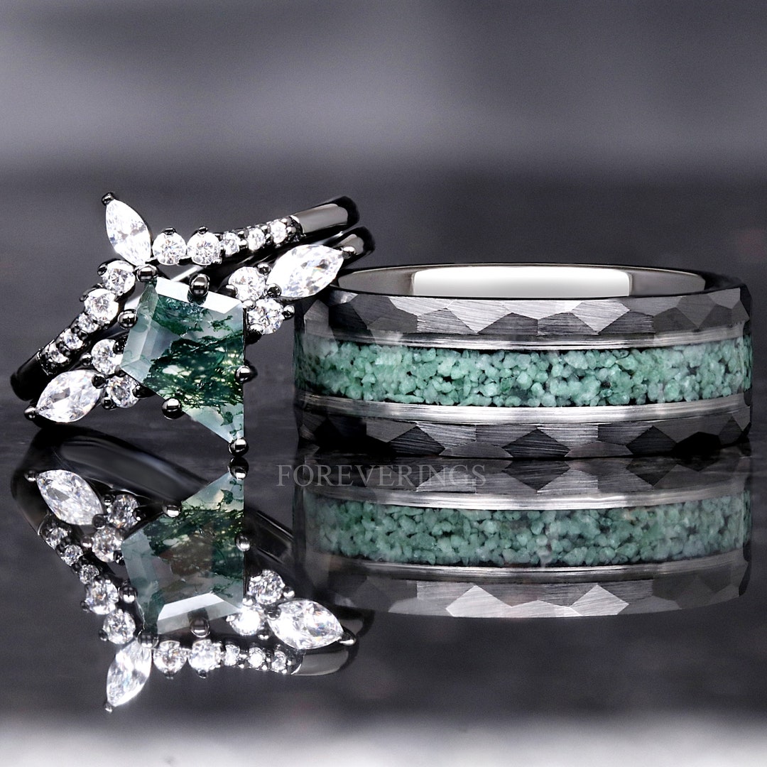 Green Moss Agate Ring Set, His and Hers Wedding Band, Black Ring Set ...