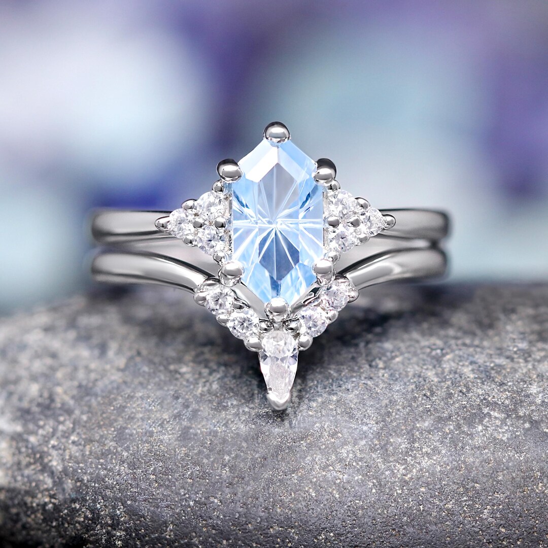Spire Aquamarine Engagement Ring, Women Wedding Ring Set, Elongated ...