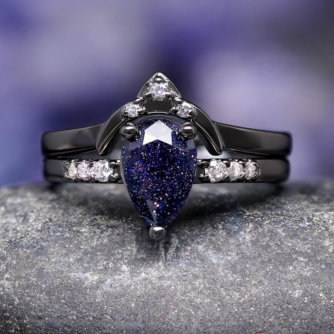 Starry Night Engagement Ring, Black Wedding Ring, 925 Sterling Silver ...
