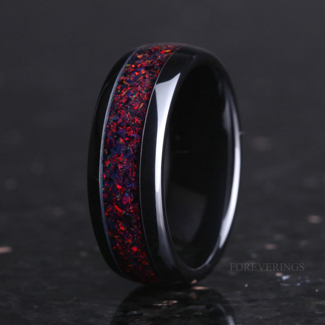 Mens Black Fire Opal Ring, Black Opal Wedding Band, Man Anniversary ...