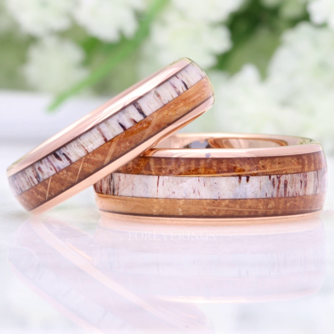 Mens Wood Whiskey Barrel and Antler Ring, Rose Gold Tungsten Ring, Mens ...