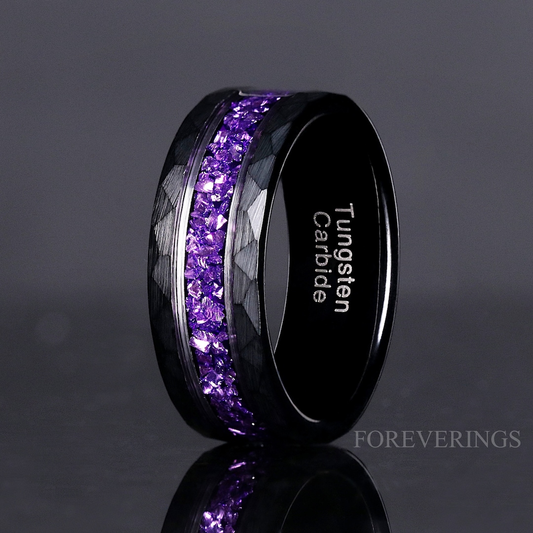 Amethyst Ring for Men – Purple Wedding Band, Black Hammered Tungsten ...