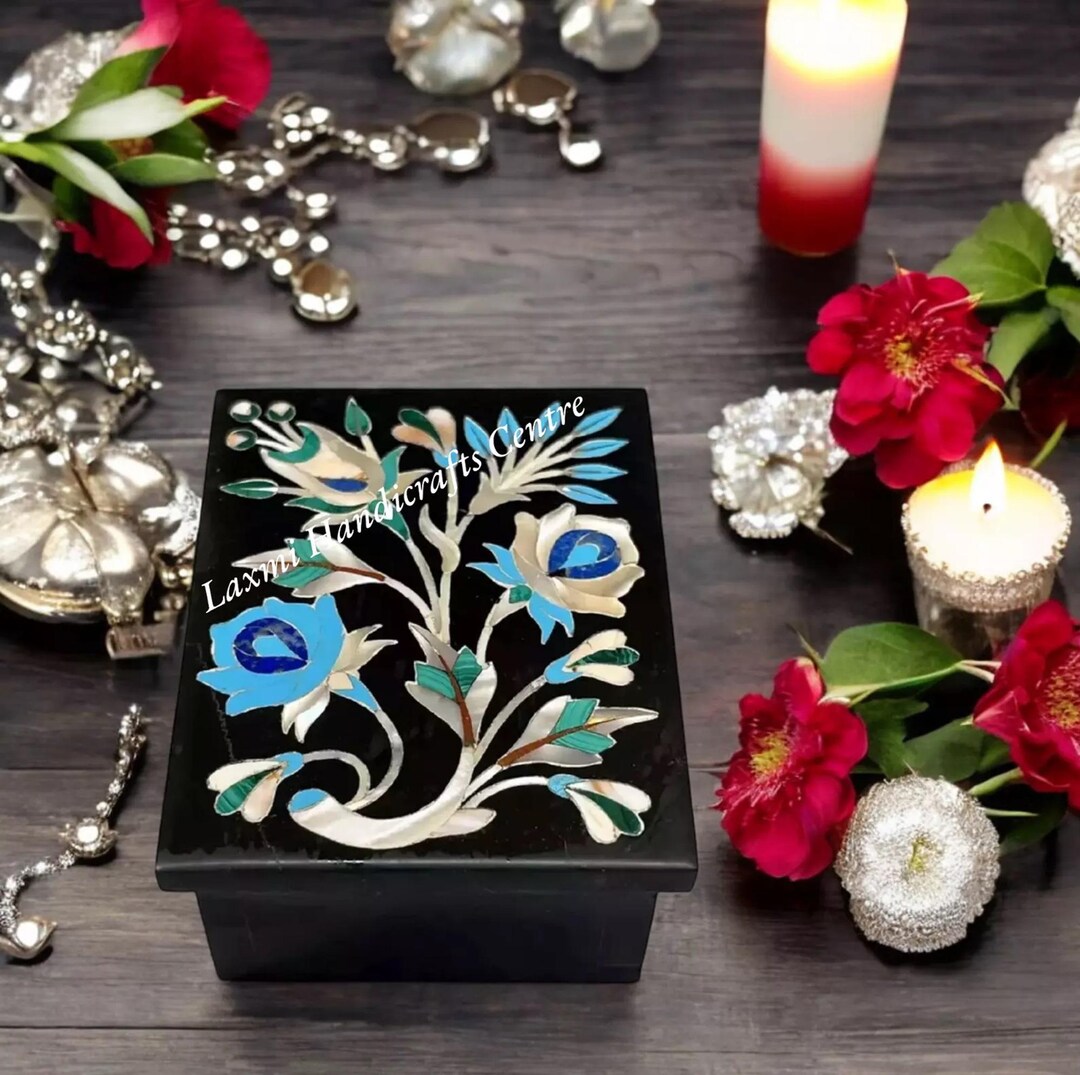 Black Marble Rectangle Shape Trinket Box Unique Pietra Dura Art ...