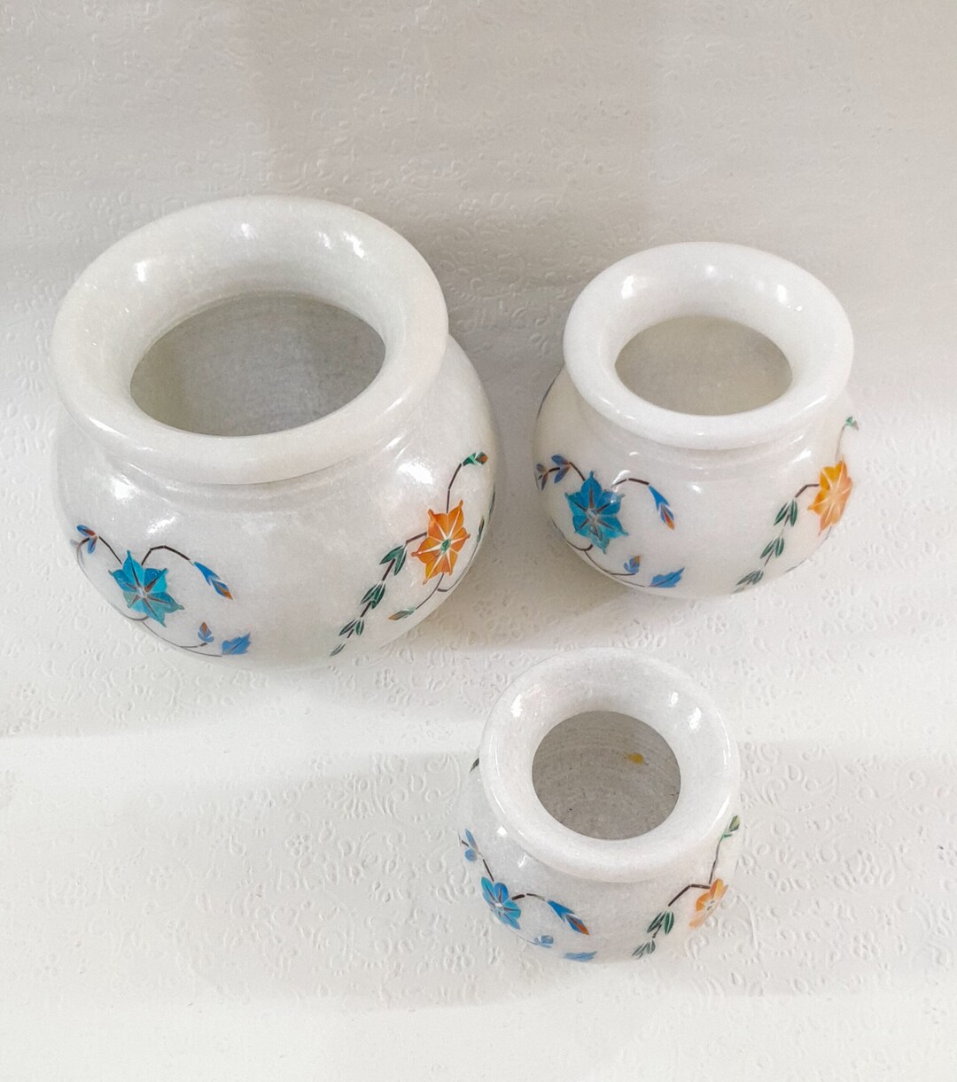 Set of 3 Pieces Inlay Marble Flower Pots Exquisite Mahal Design for ...