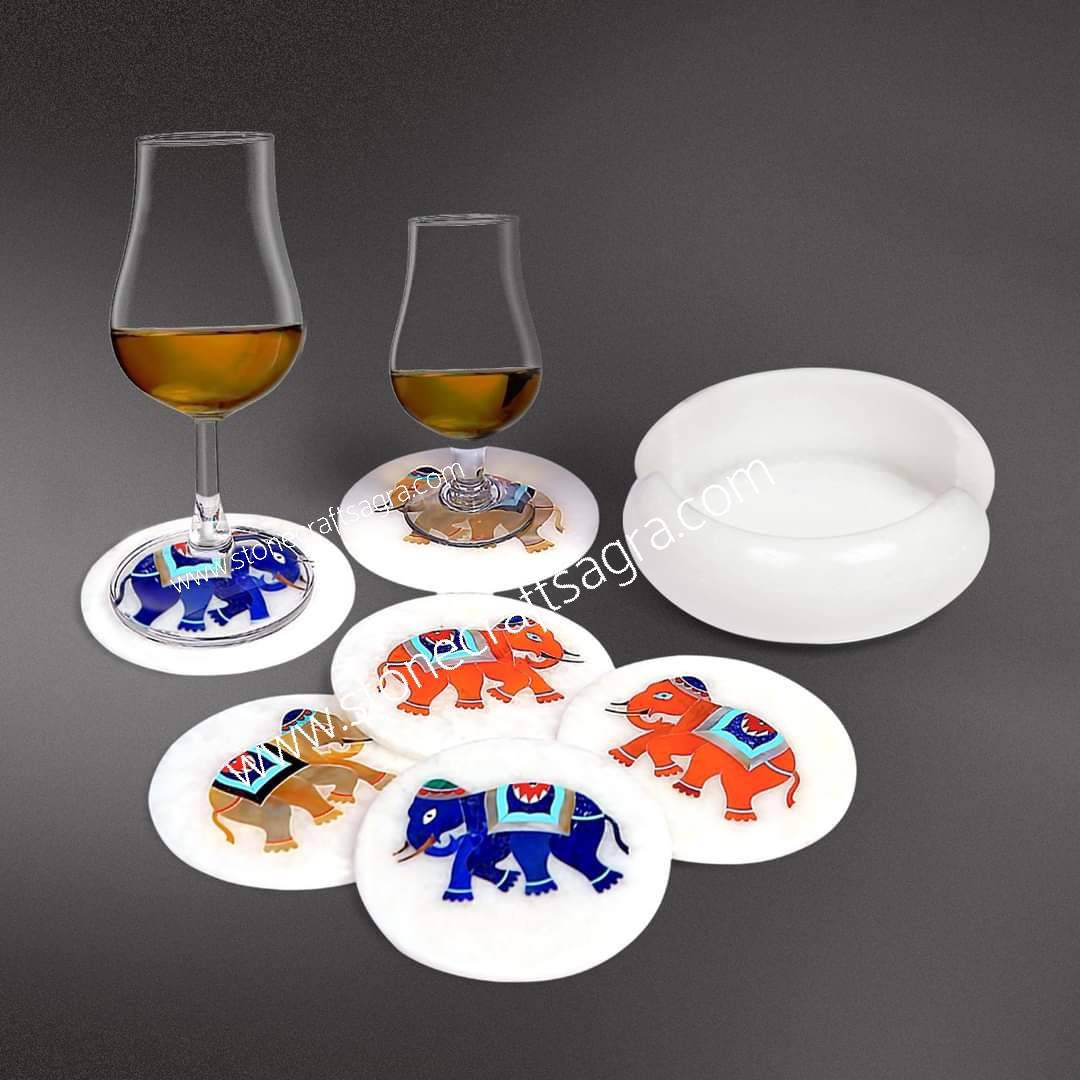 Marble Coasters Set Inlay Elephant Figurine Set of 6 Pieces Semi ...