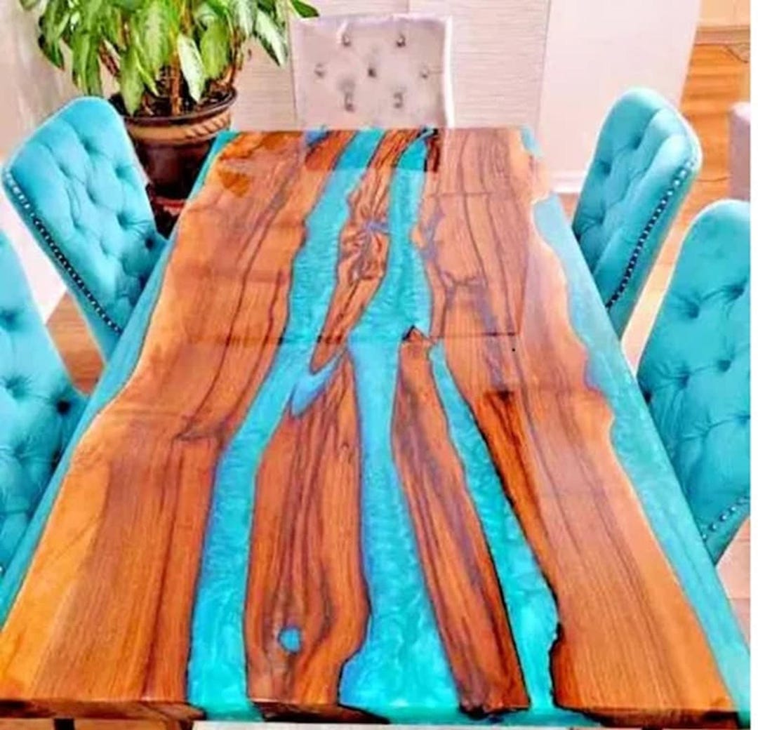 Turquoise Epoxy Resin Dining Table Top Custom Wooden Acacia Centerpiece ...