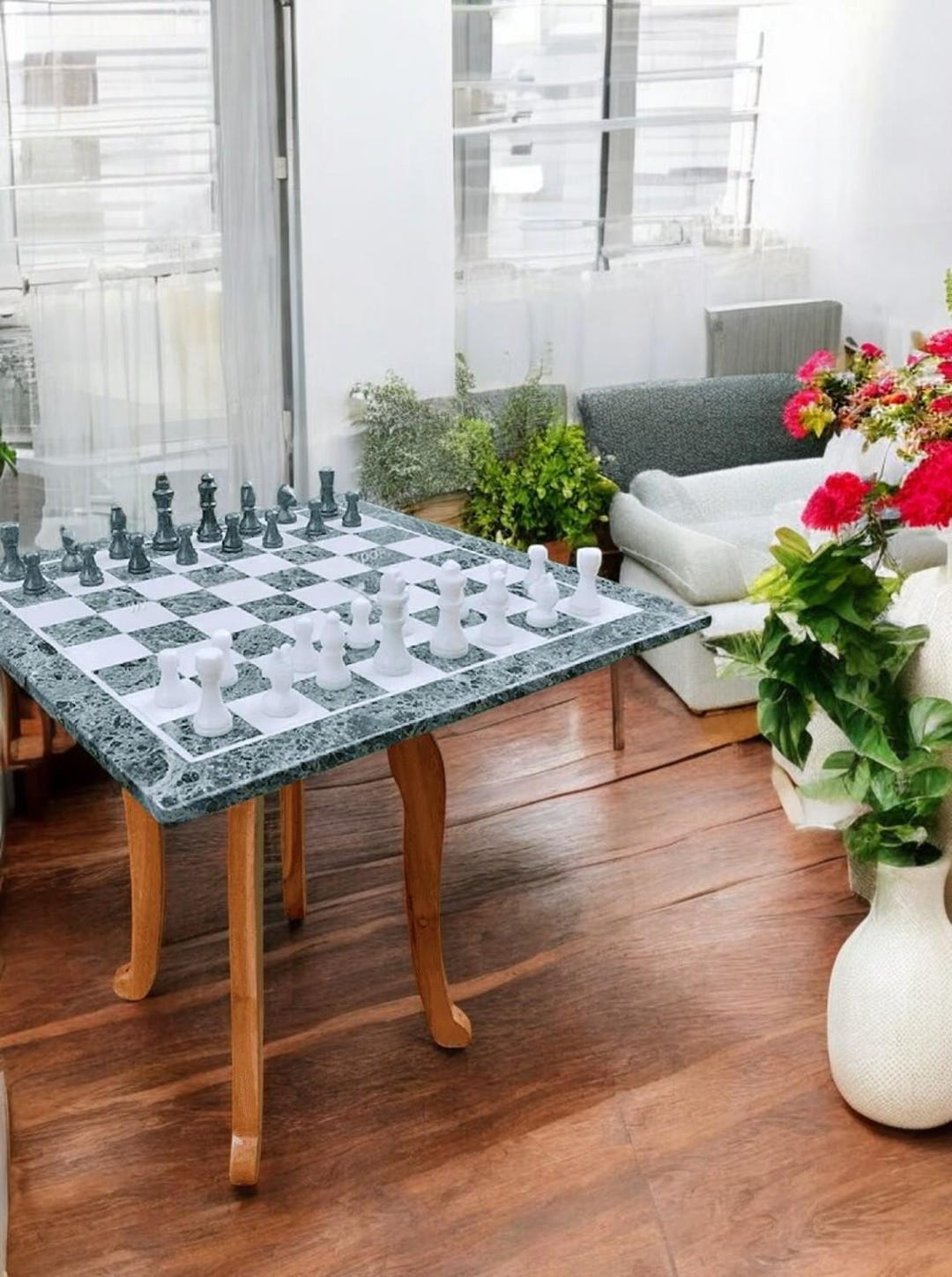 Antique Green Granite Stone Square Chess Table, Chess Board With Chess ...