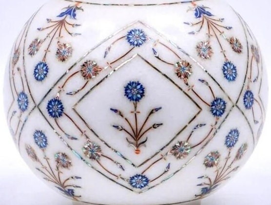 Antique Floral Pattern Inlay Work Dried Flower Vase White Marble Flower ...