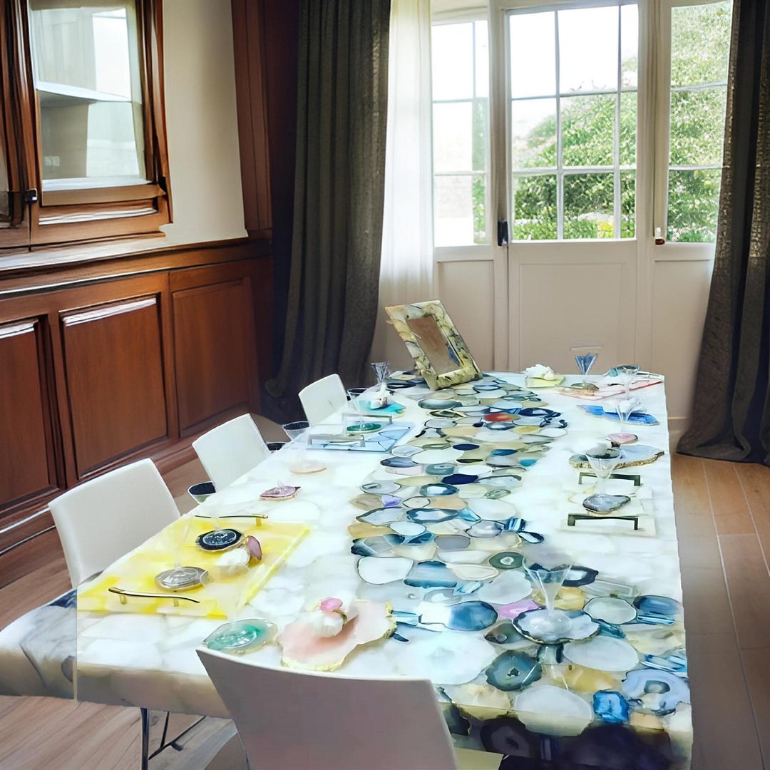 Elegant White Agate Stone Dining Table Top Multi Agate River Design ...