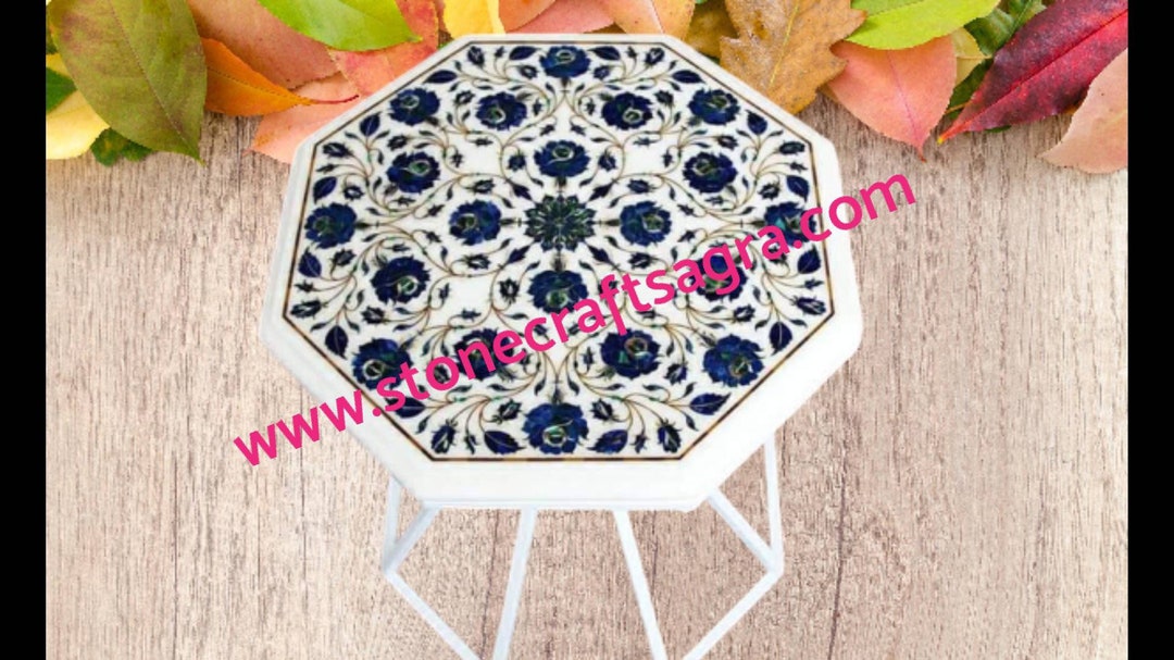 White Marble Stone Inlay Coffee Table Top Lapislazulli Inlaid Multi ...