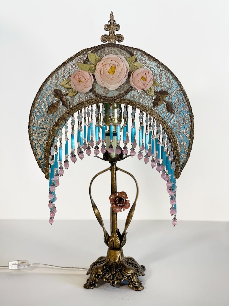 Victorian Floral Blue Moon Lampshade With Antique Lamp Base. - Etsy