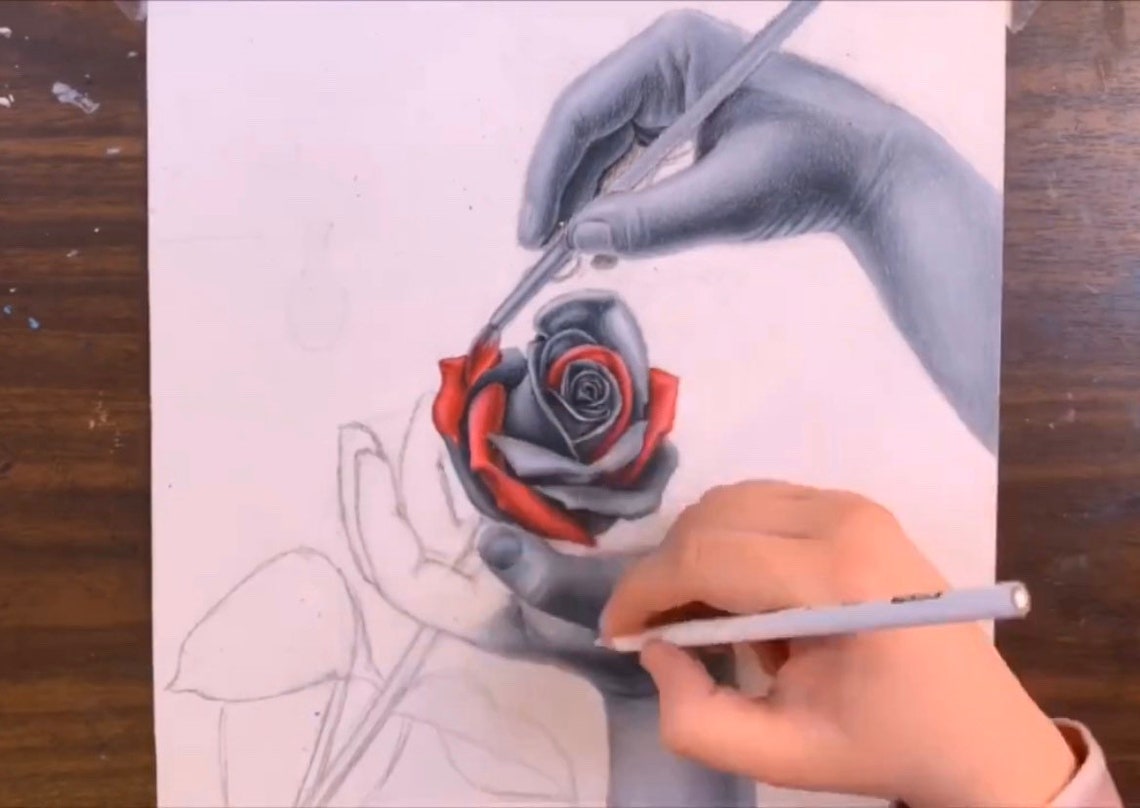 Hands With Rose Original 11 x 11 Colored Pencil Drawing by | Etsy