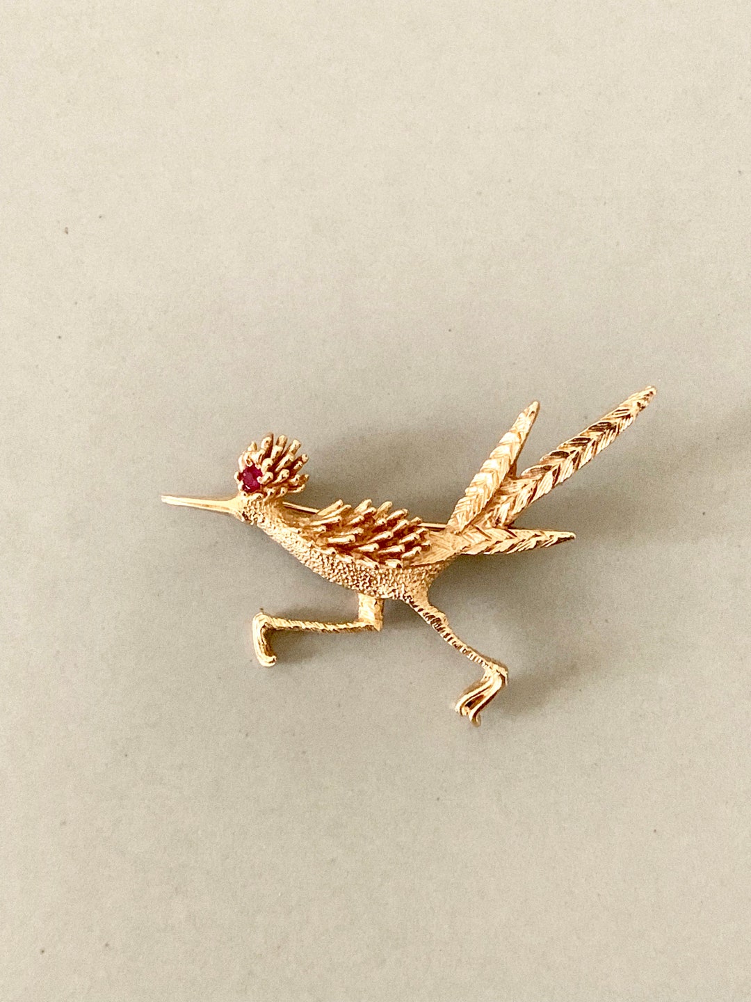 Vintage 14K Yellow Gold & Ruby Road Runner Brooch Collectible Lapel Pin ...