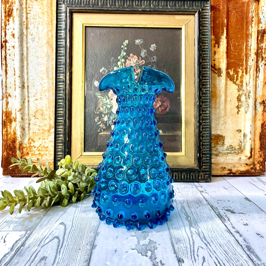 Vintage Empoli Spiky Seed Split Rim Vase - Mid Century Blue Hobnail ...