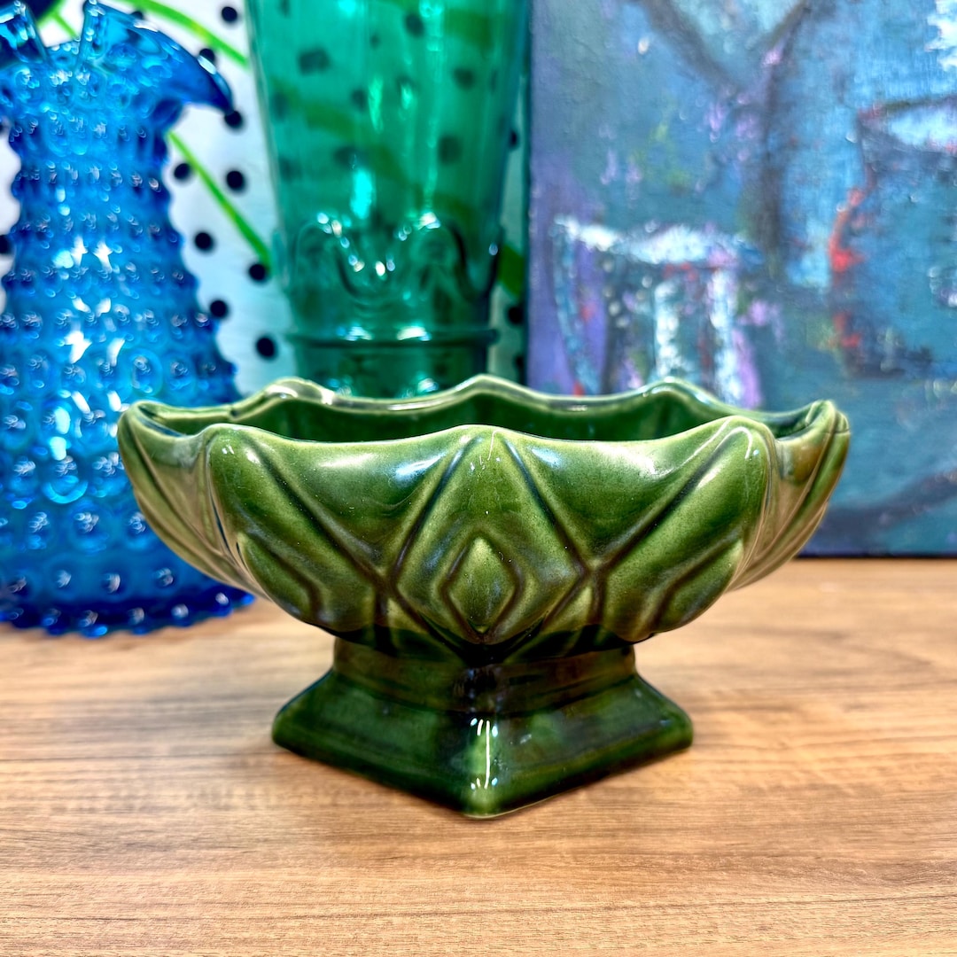 Vintage MCM Geometric Diamond Patterned Pedestal Planter Green Atomic ...