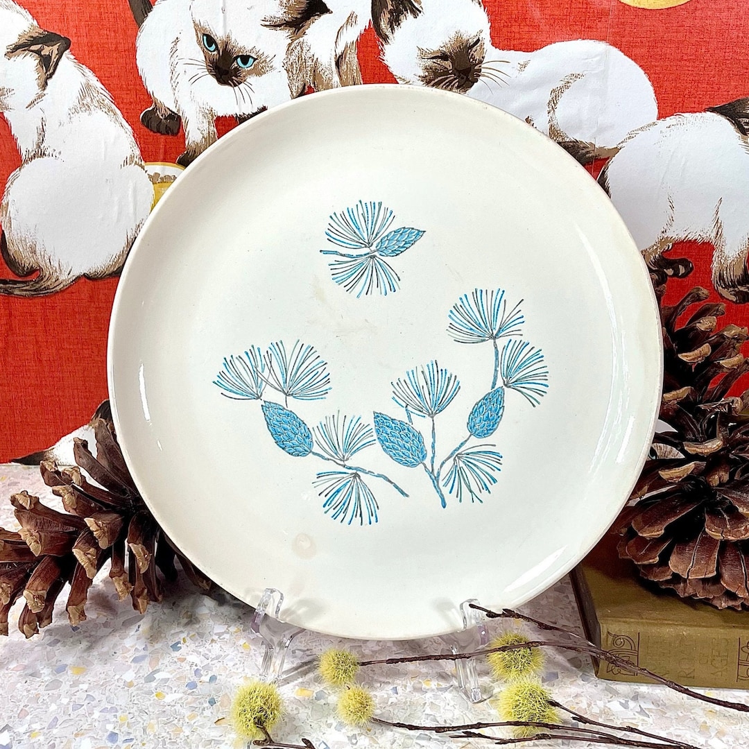 Vintage 1950s Marcrest Blue Spruce Cake Plate MCM Turquoise Pinecone ...