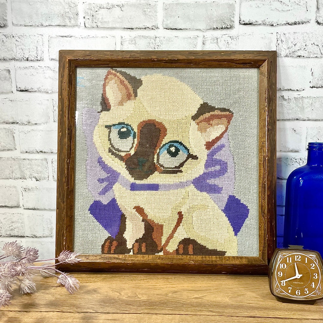 Vintage Big Eye Cat Needlepoint Retro Kitsch Kitty Wall Art Siamese Cat ...