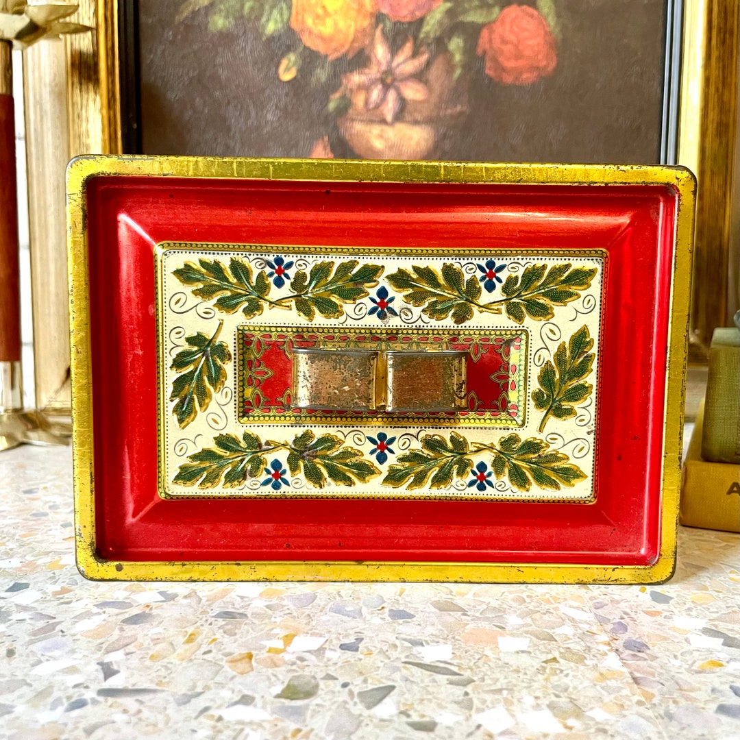 Vintage Handled Biscuit Tin Mid Century Red & Gold English Cookie Tin ...