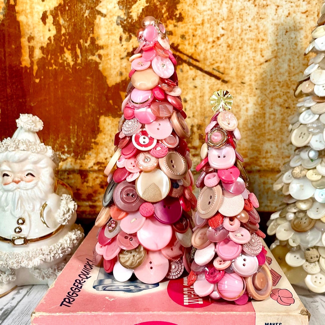 Vintage Button Christmas Tree Pair Handmade Pink Buttons Holiday Trees ...