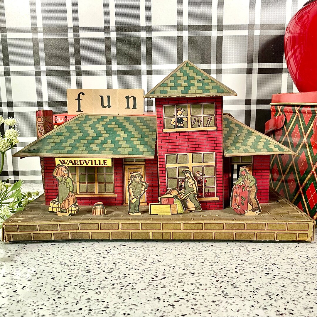 Vintage 1930s Transogram Paper Train Station Toy Lithograph Cardboard ...