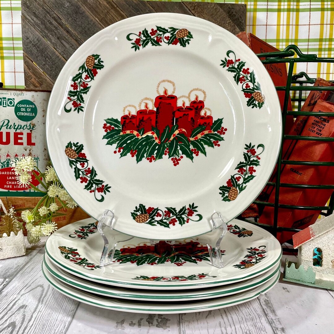 Vintage 1970s Christmas Plate Set GEI China Nostalgic Red Candles With ...