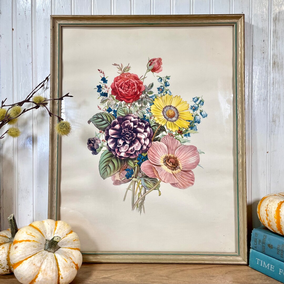 Vintage 1940s Floral Lithograph Print Framed Large Colorful Botanical ...