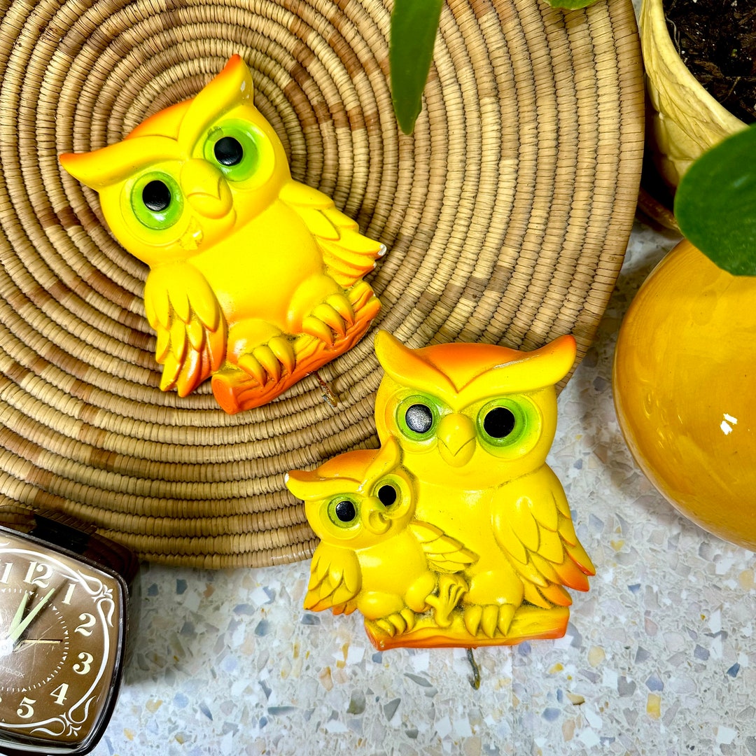 Vintage Miller Studio Chalkware Owls Retro Orange & Yellow Hoot Plaques ...