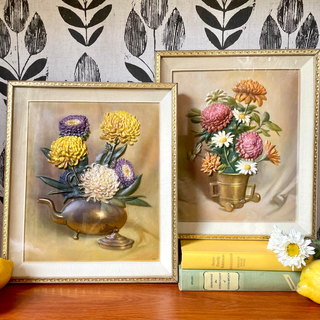 Vintage 3 Dimensional Floral Lithograph Pair - 1950s Mid Century Raised ...