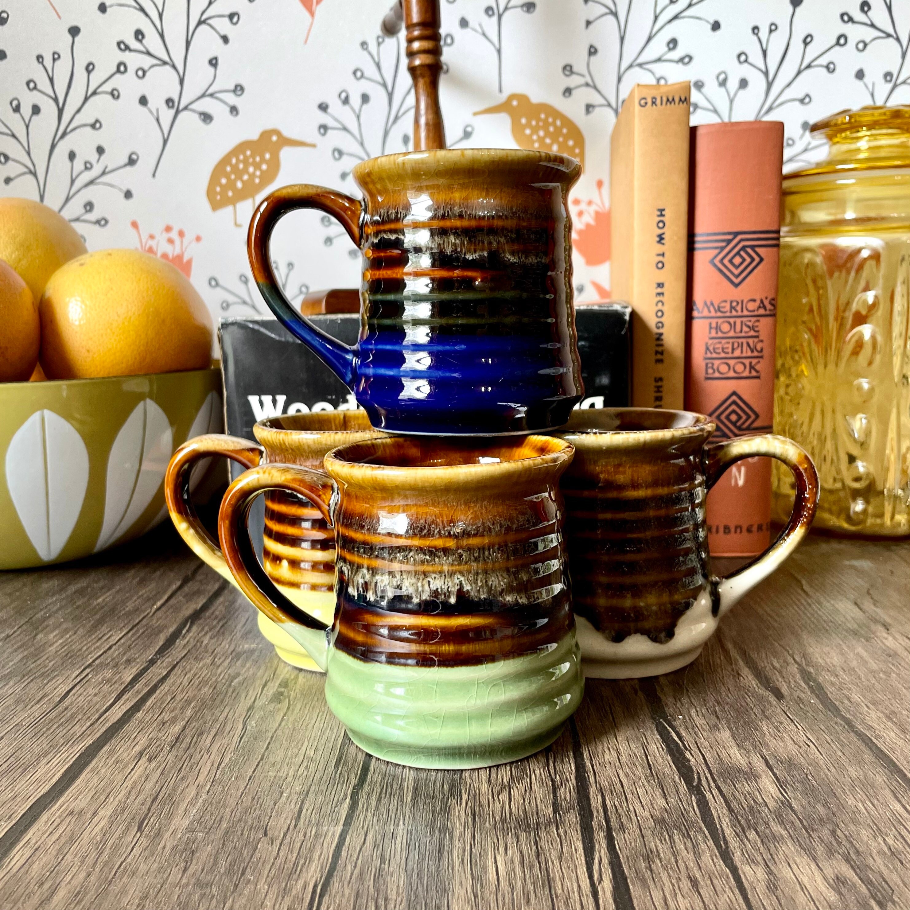 Kitchen & Dining Vintage Mug Rack Set Taiwan Ceramic Drip Glazed Coffee ...