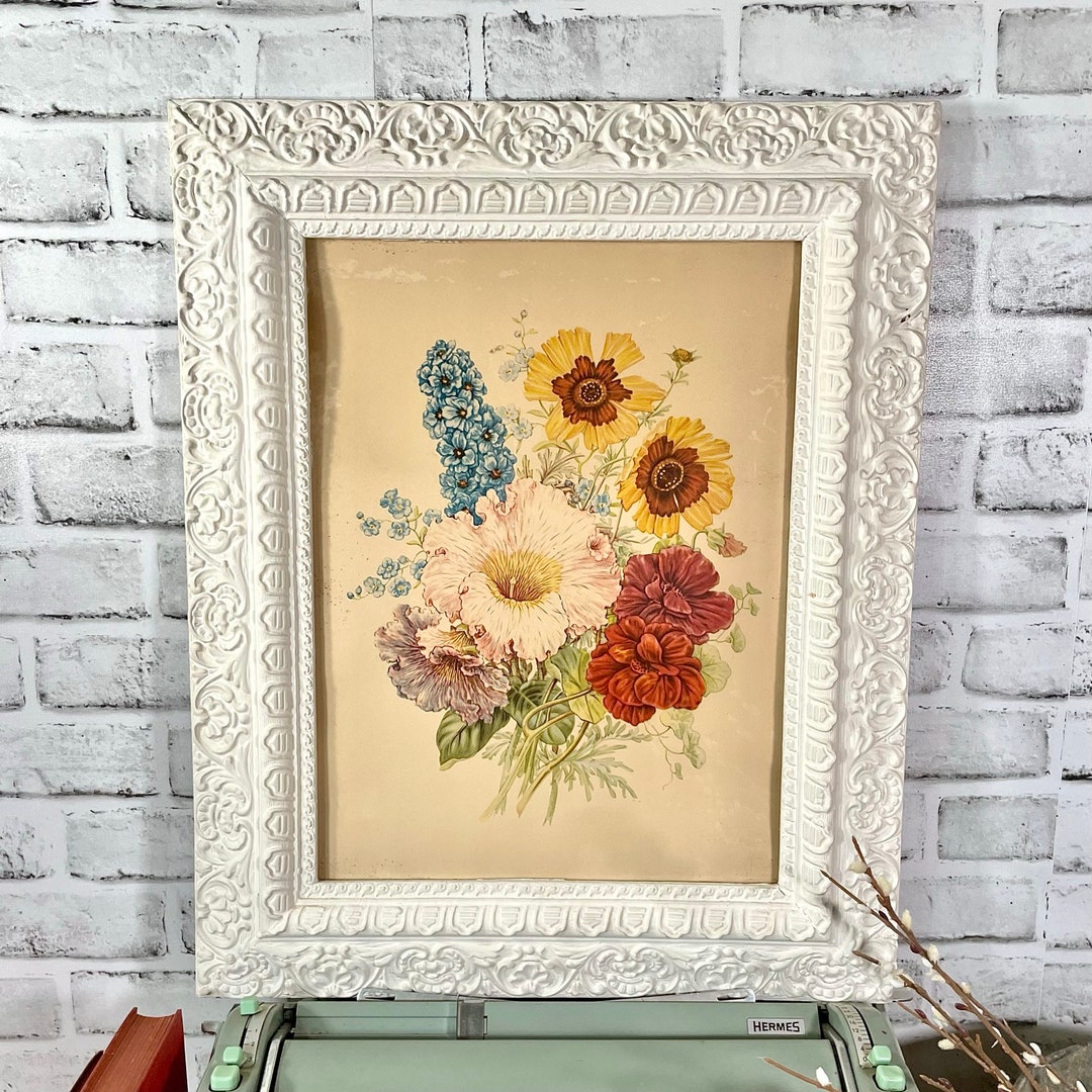 Vintage 1930s Floral Lithograph Print Large Antique Framed Colorful ...