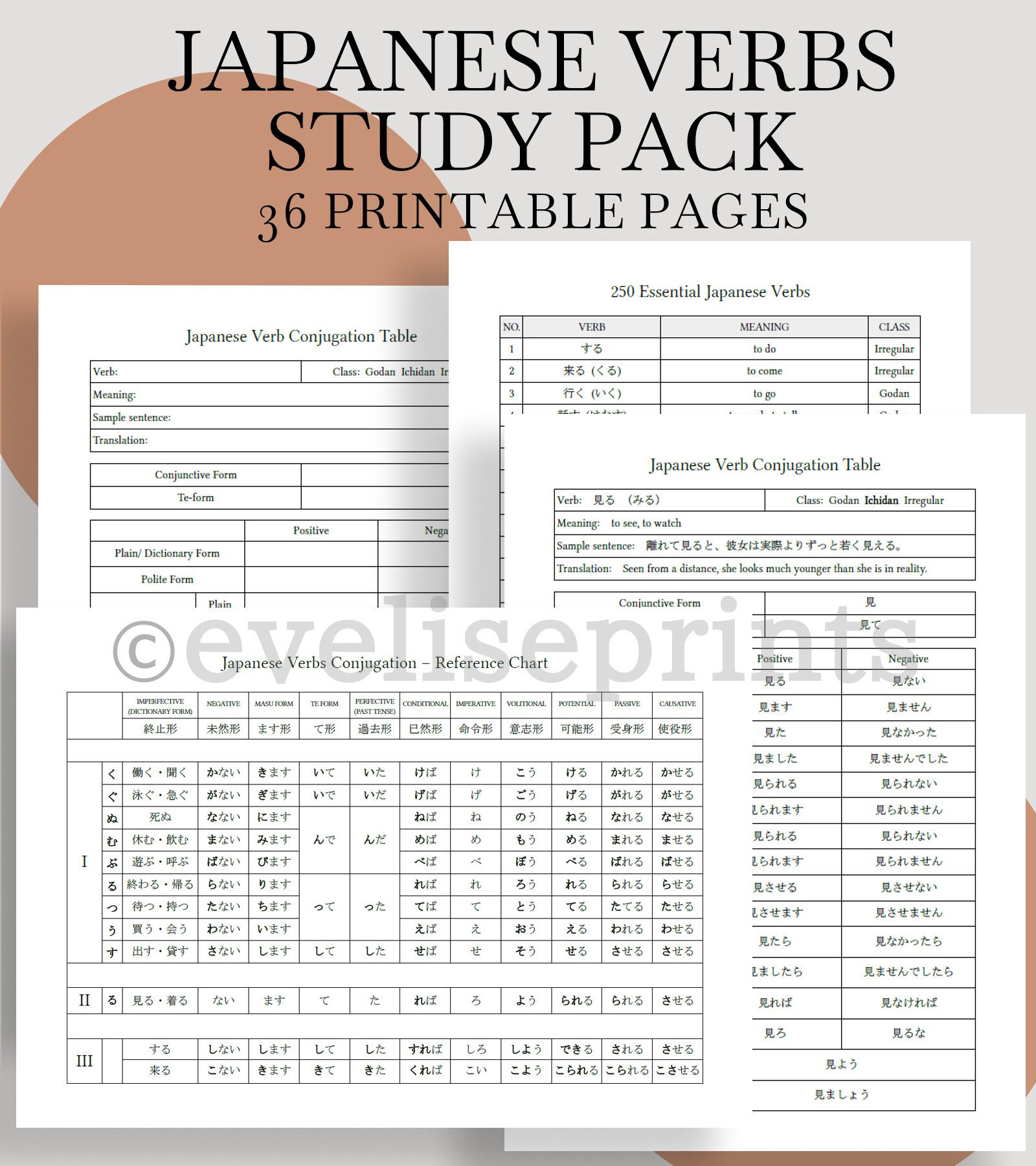 Japanese Japanese Verbs Study Pack conjugation Tables & - Etsy