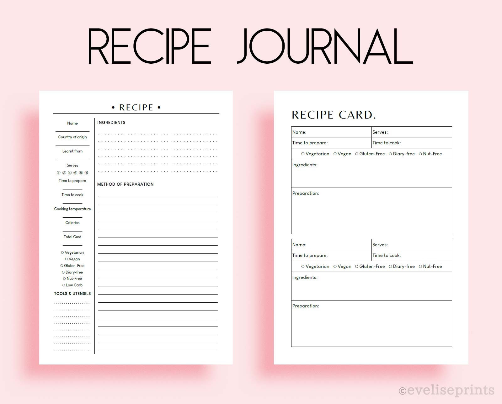 Recipe Journal Clean & Minimalist Design A4, A5, A6 Printable Pages ...