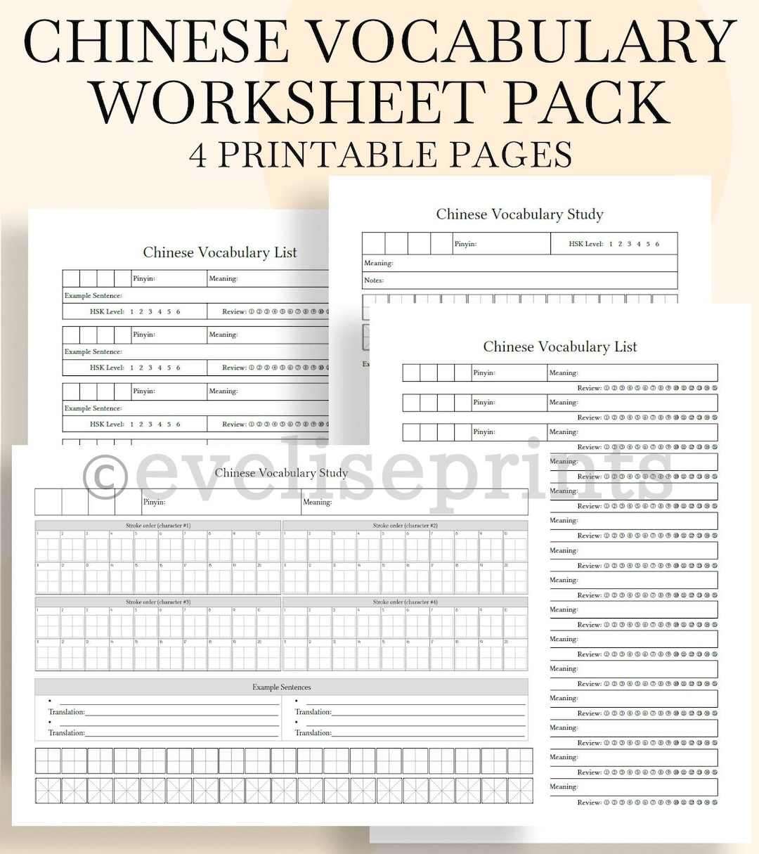 Chinese Vocabulary Worksheet Pack printable - Etsy