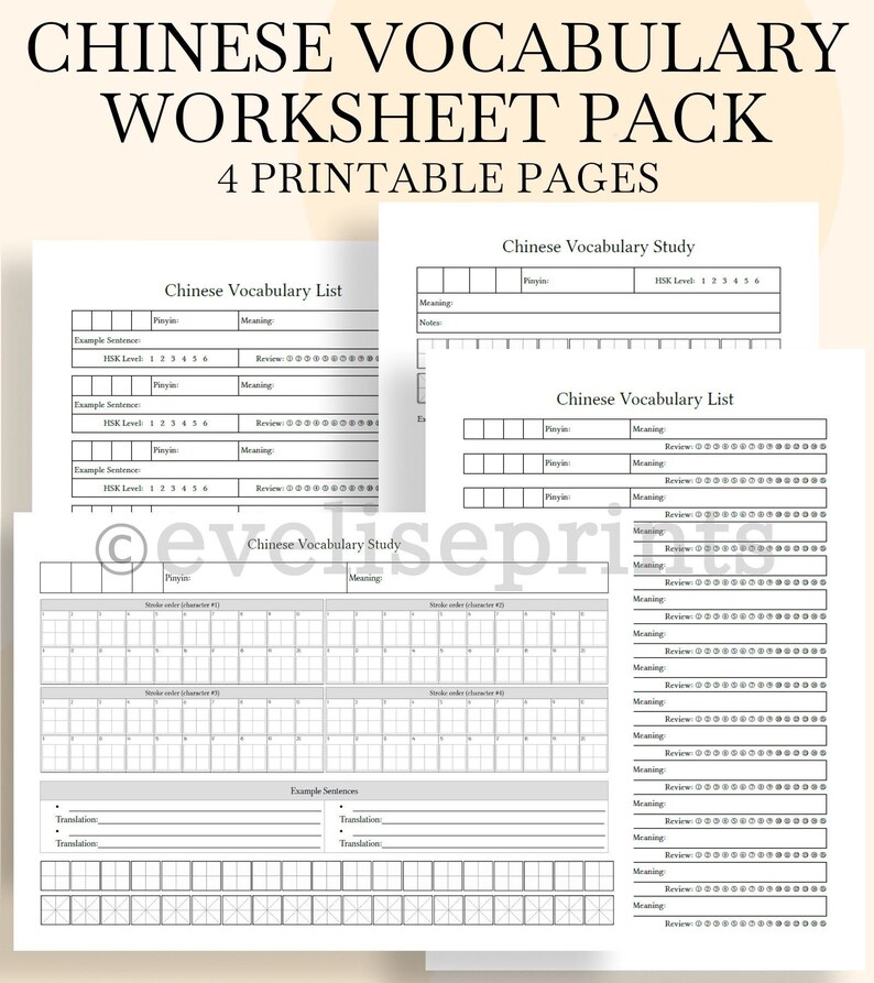 Chinese Vocabulary Worksheet Pack printable | Etsy