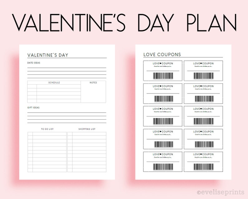 Valentine's Day Planner & Love Coupons Clean and Minimalist Design A4 ...