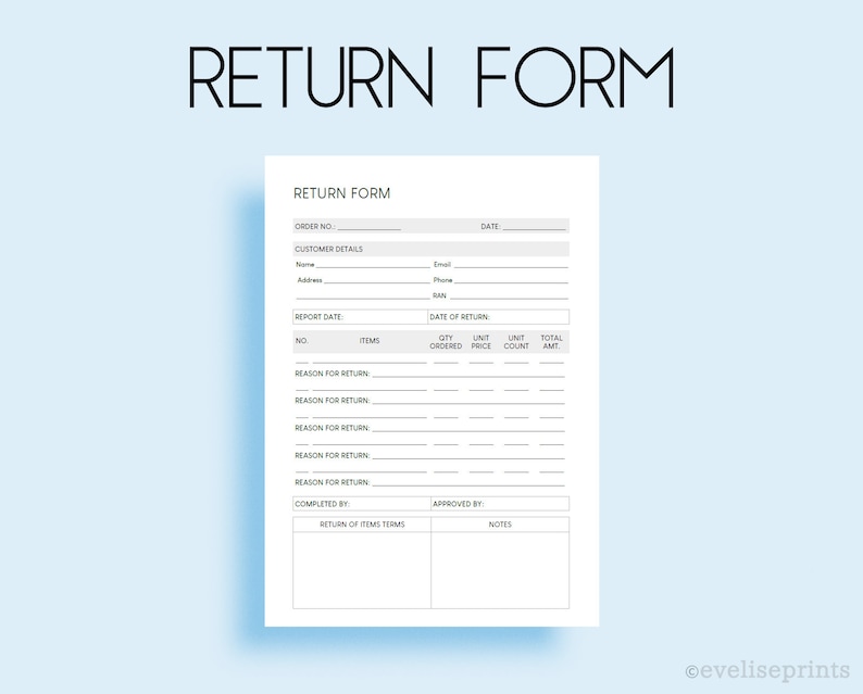 Return Form Clean & Minimalist Design A4, A5, A6 Printable - Etsy