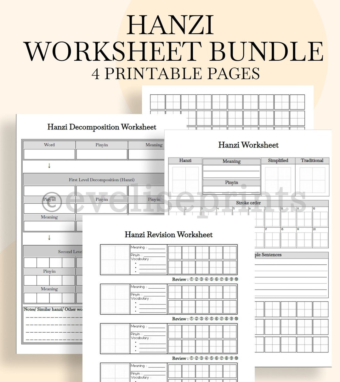 Chinese Hanzi/ Chinese Characters Worksheet Bundle printable - Etsy