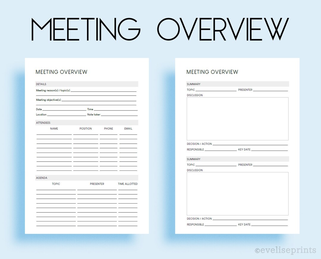 Meeting Overview / Planner Clean & Minimalist Design A4, A5, A6 ...