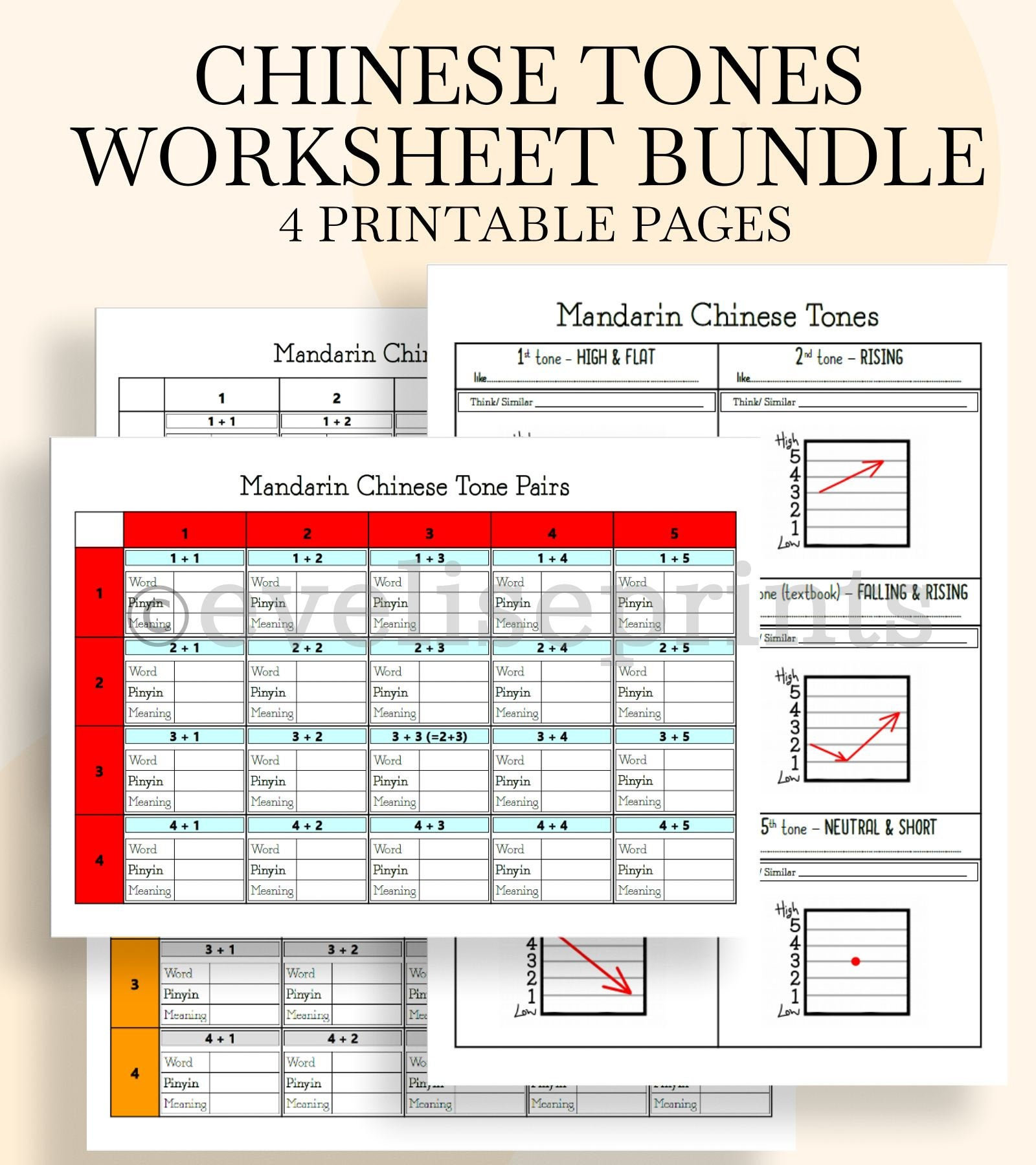 Mandarin Chinese Tones Worksheets printable - Etsy