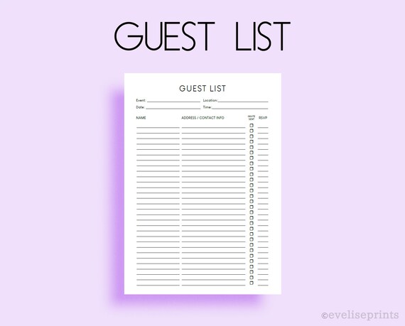 Guest List Clean & Minimalist Design A4 A5 A6 | Etsy