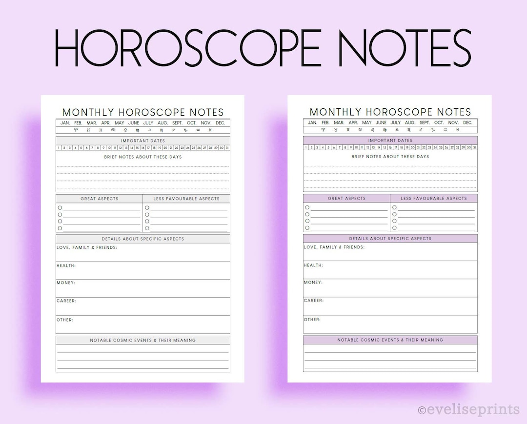 Monthly Horoscope Notes astrology Clean & Minimalist Design A4, A5, A6 ...
