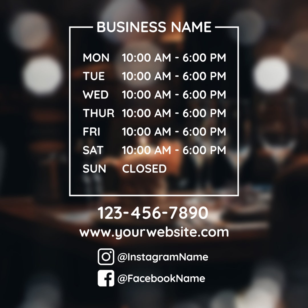 Store Hours Decal, Custom Business Hours Sign - Shop Front Open Hours ...