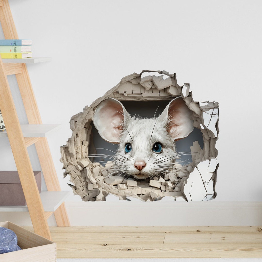 3D Mouse in Mousehole Decal Sticker, Charming Cracked Wall Art for Kids ...