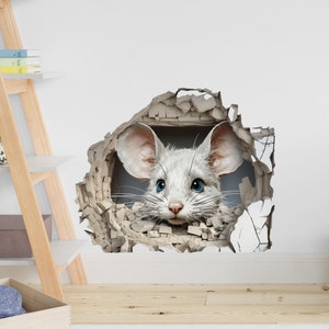 3D Mouse in Mousehole Decal Sticker, Charming Cracked Wall Art for Kids ...