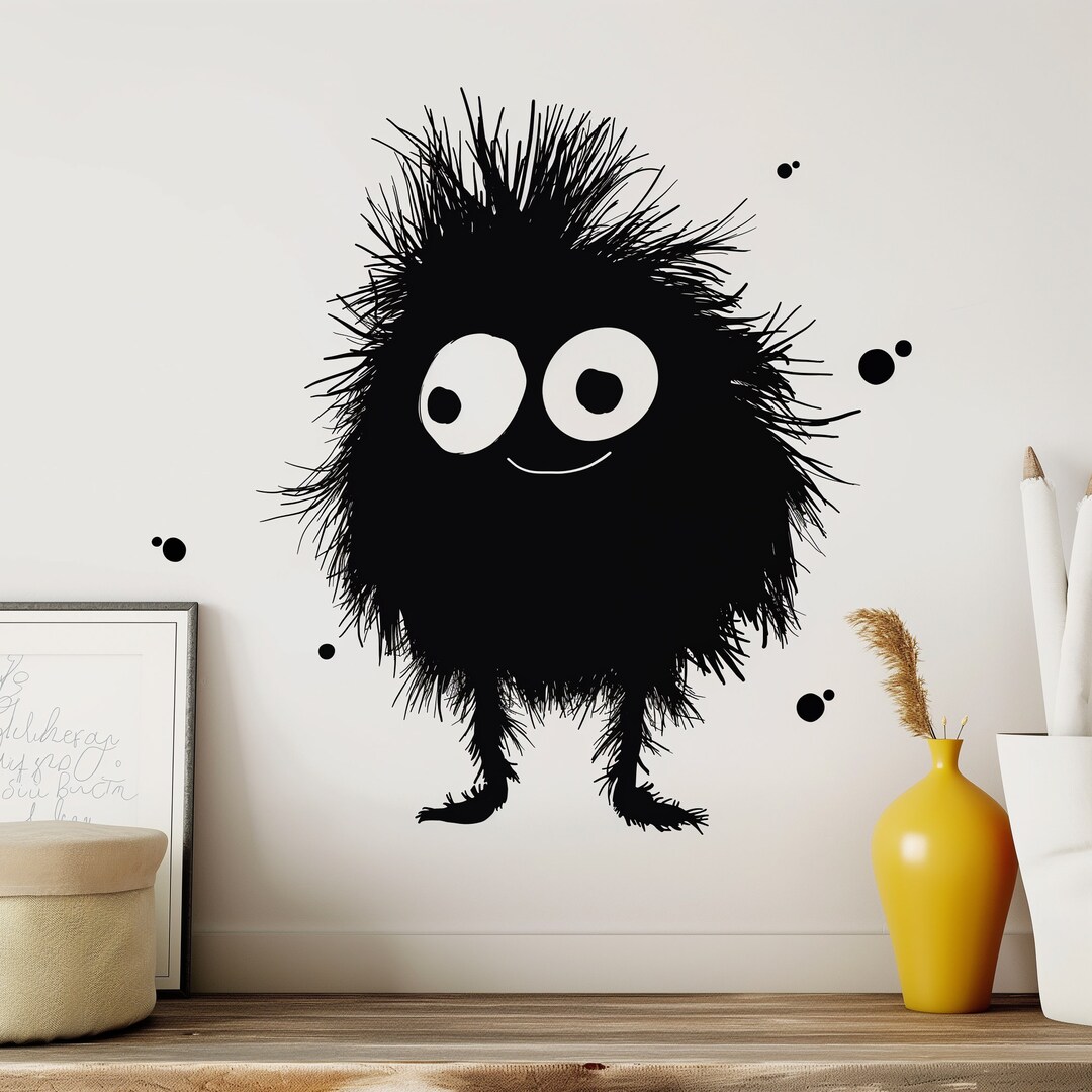 Adorable Black Fuzzy Monster Wall Decal for Kids Room - Cute Cartoon ...