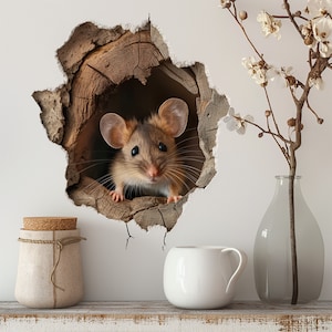 Mouse Peeking Out From Mouse Hole Decal - Rustic Mouse Hole 3D Wall ...