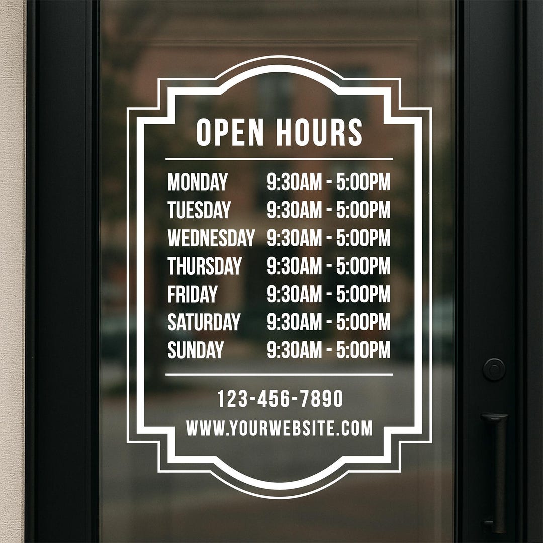 Custom Business Hours Window Decal for Shops, Cafés, Salons, Offices ...