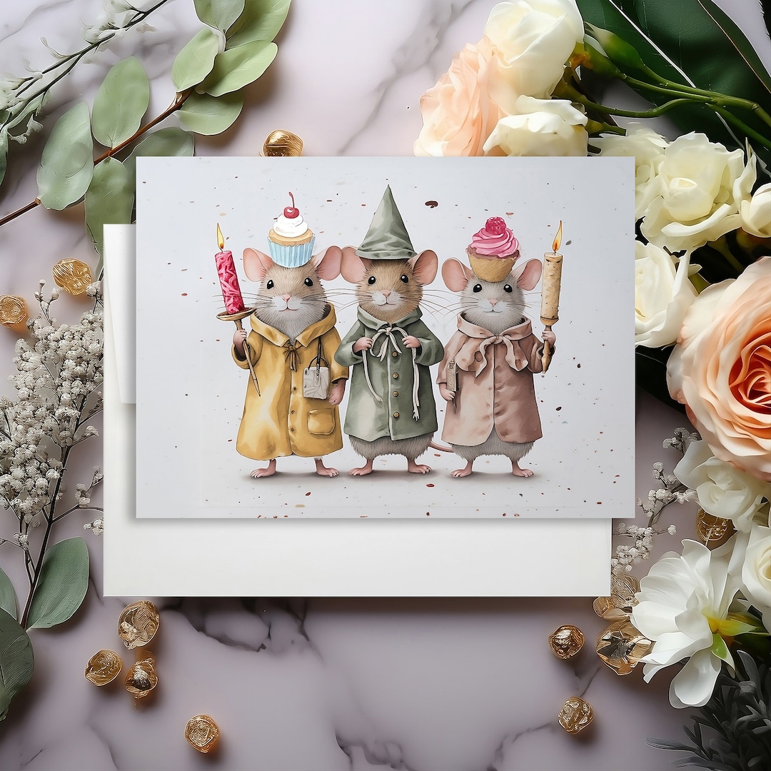 Handmade Greeting Cards - Funny Mice Birthday Card, Watercolor Mouse ...