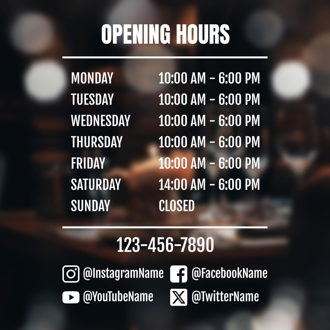 Custom Business Opening Hours Sign - Personalized Shop Front Open Hours ...